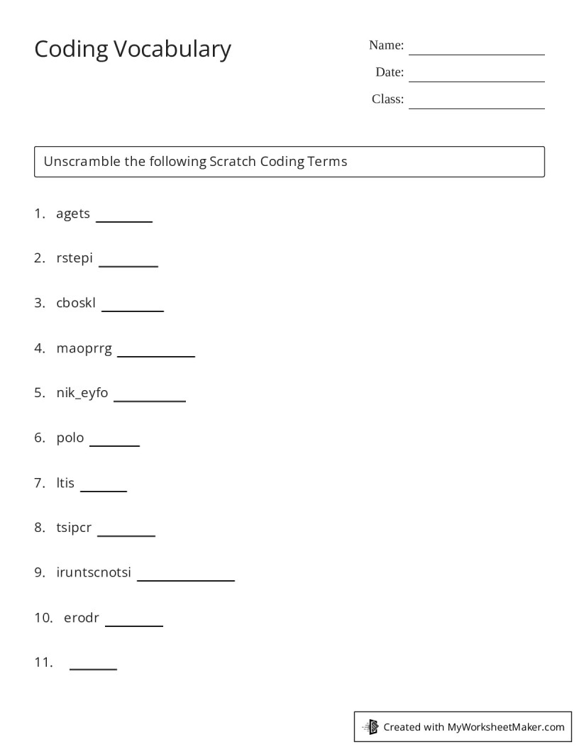 Coding Vocabulary - My Worksheet Maker: Create Your Own Worksheets