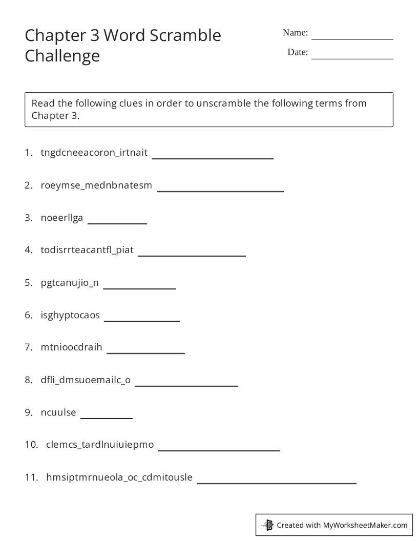 Chapter 3 Word Scramble Challenge - My Worksheet Maker: Create Your Own Worksheets