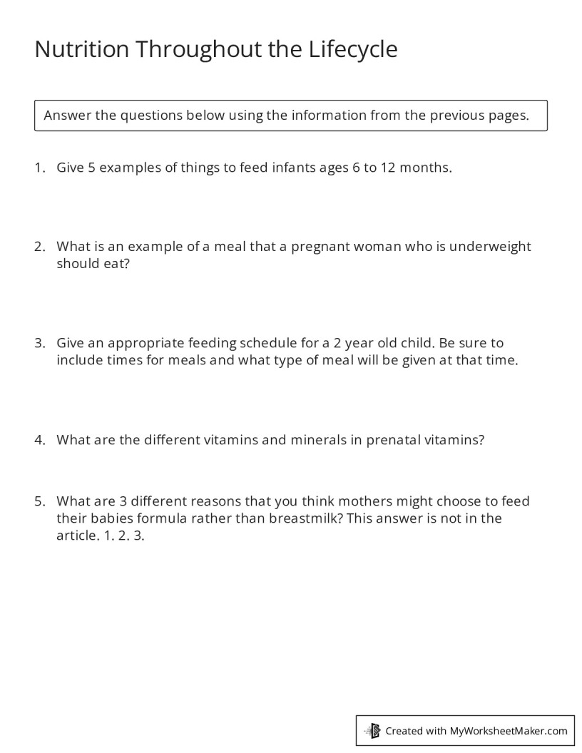 Nutrition Throughout the Lifecycle - My Worksheet Maker: Create Your ...