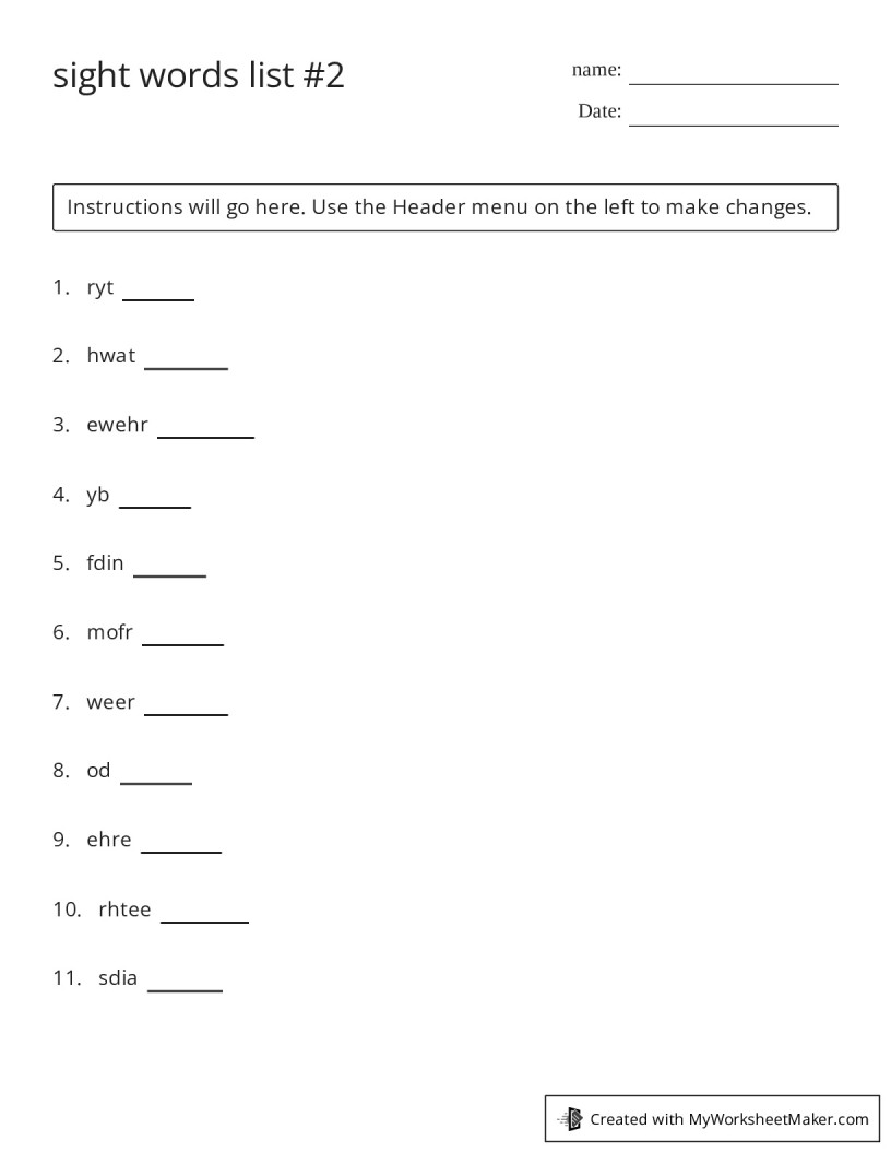 sight words list #2 - My Worksheet Maker: Create Your Own Worksheets