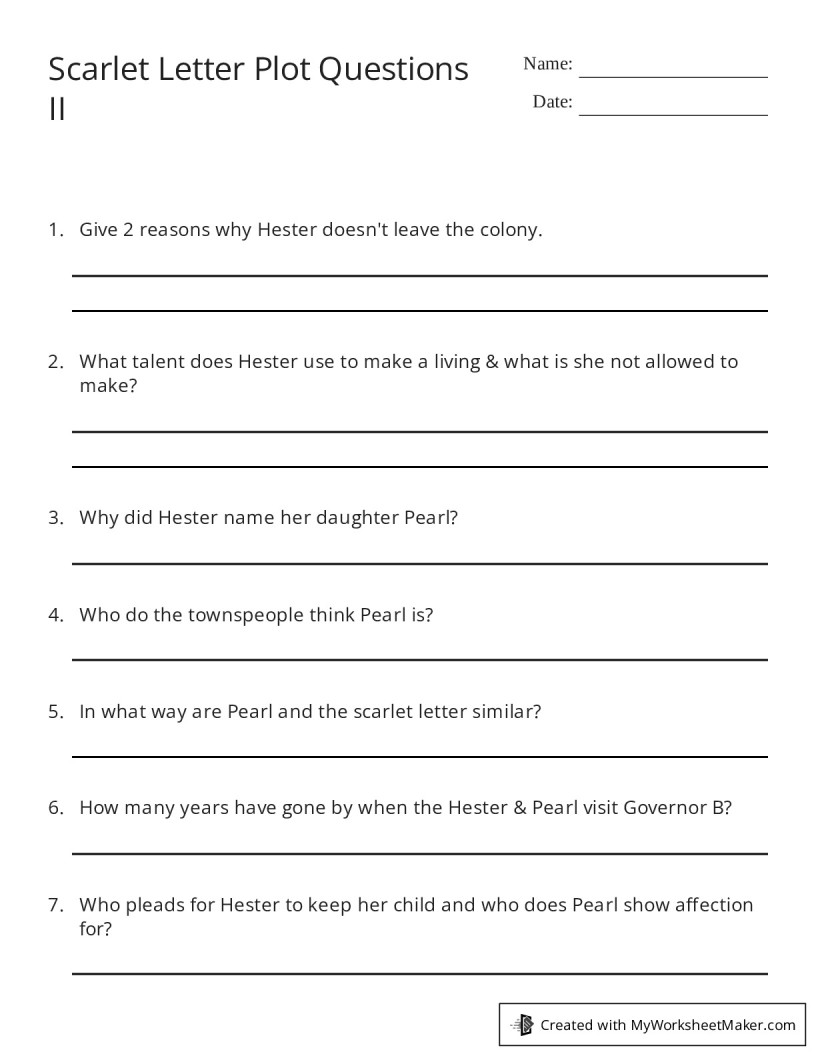 Scarlet Letter Plot Questions II - My Worksheet Maker: Create Your Own ...