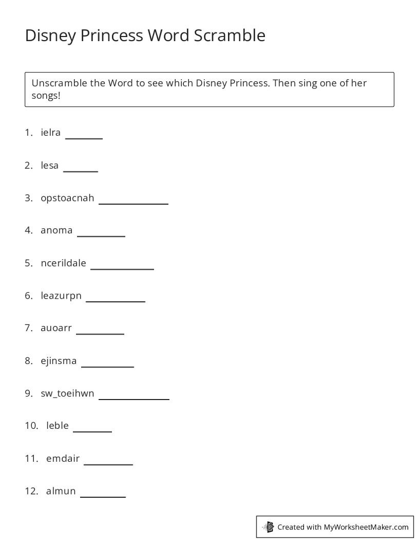 Disney Princess Word Scramble - My Worksheet Maker: Create Your Own ...