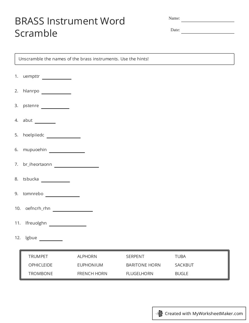 BRASS Instrument Word Scramble - My Worksheet Maker: Create Your Own ...