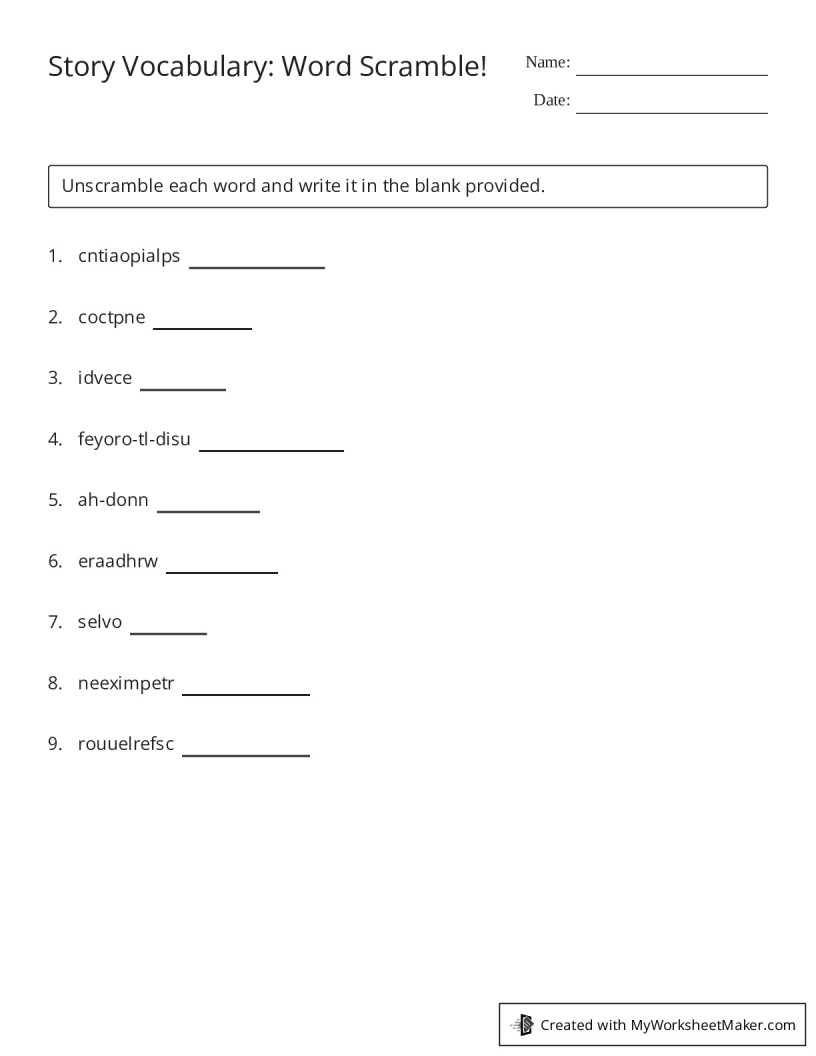 Story Vocabulary: Word Scramble! - My Worksheet Maker: Create Your Own ...