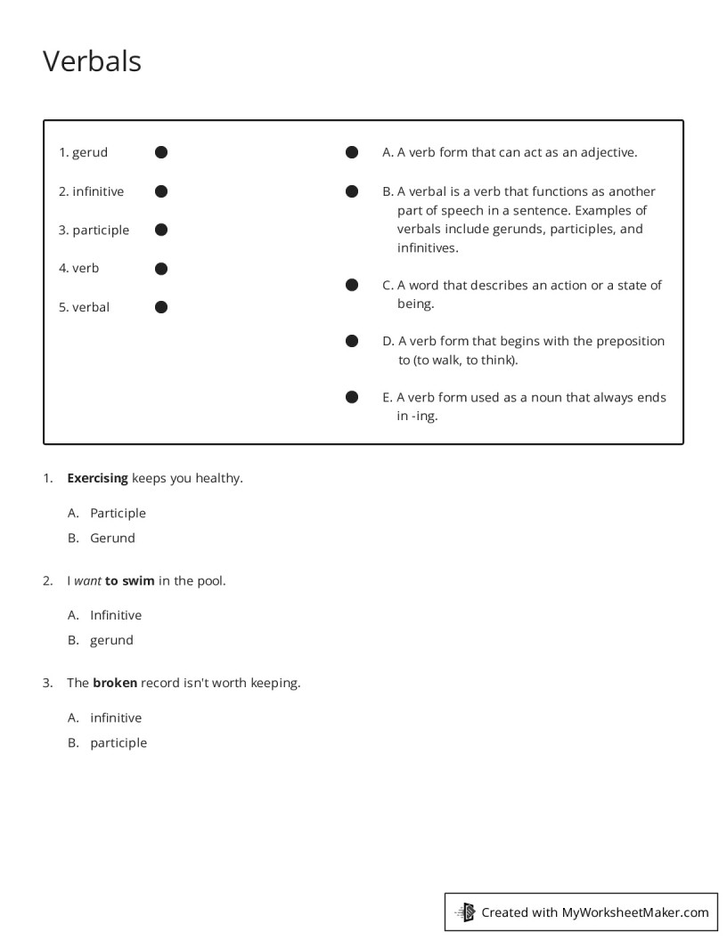 Verbals - My Worksheet Maker: Create Your Own Worksheets