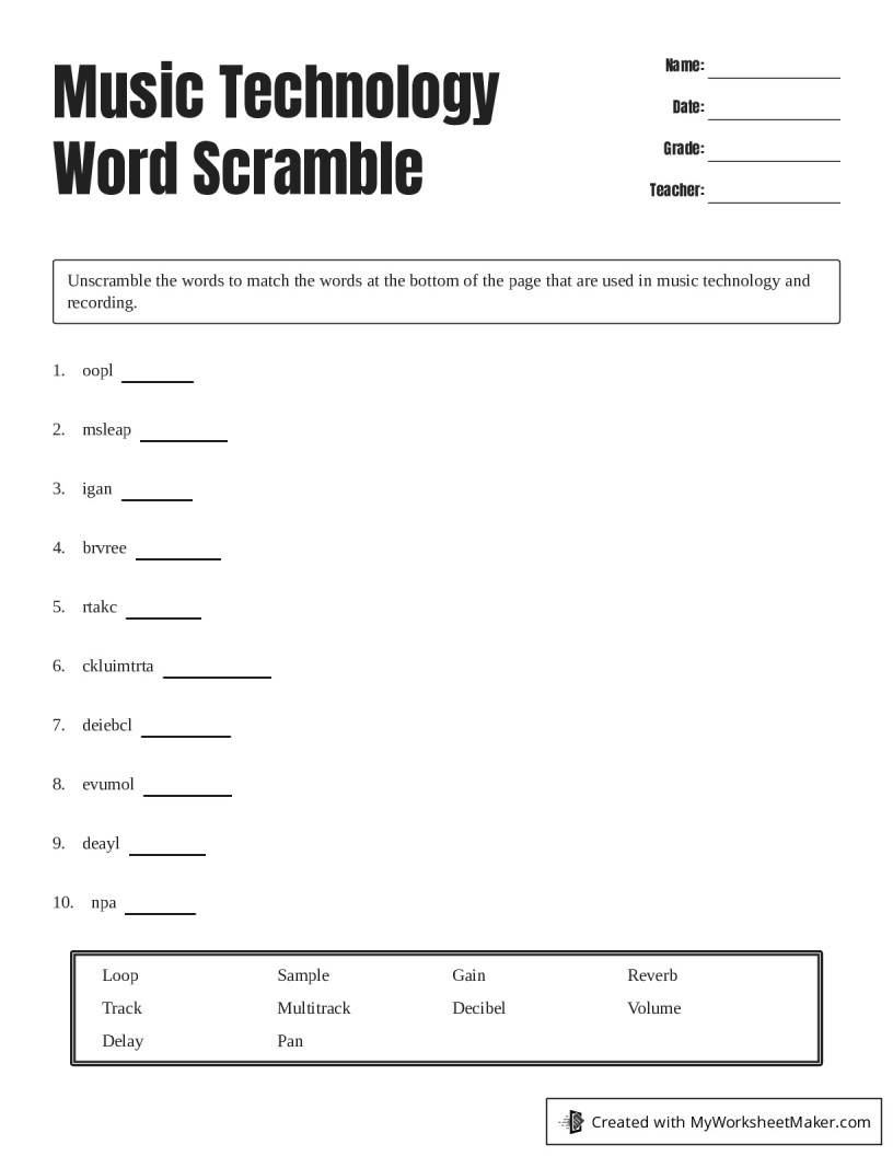 Music Technology Word Scramble - My Worksheet Maker: Create Your Own ...