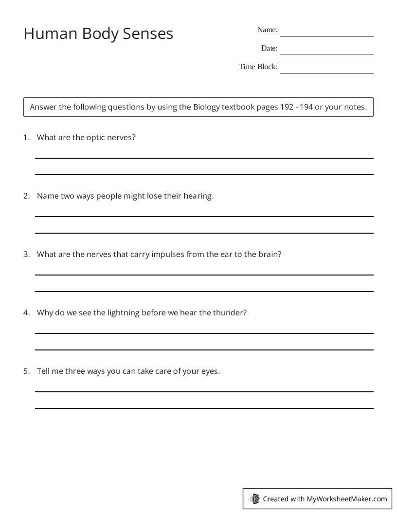 Human Body Senses - My Worksheet Maker: Create Your Own Worksheets