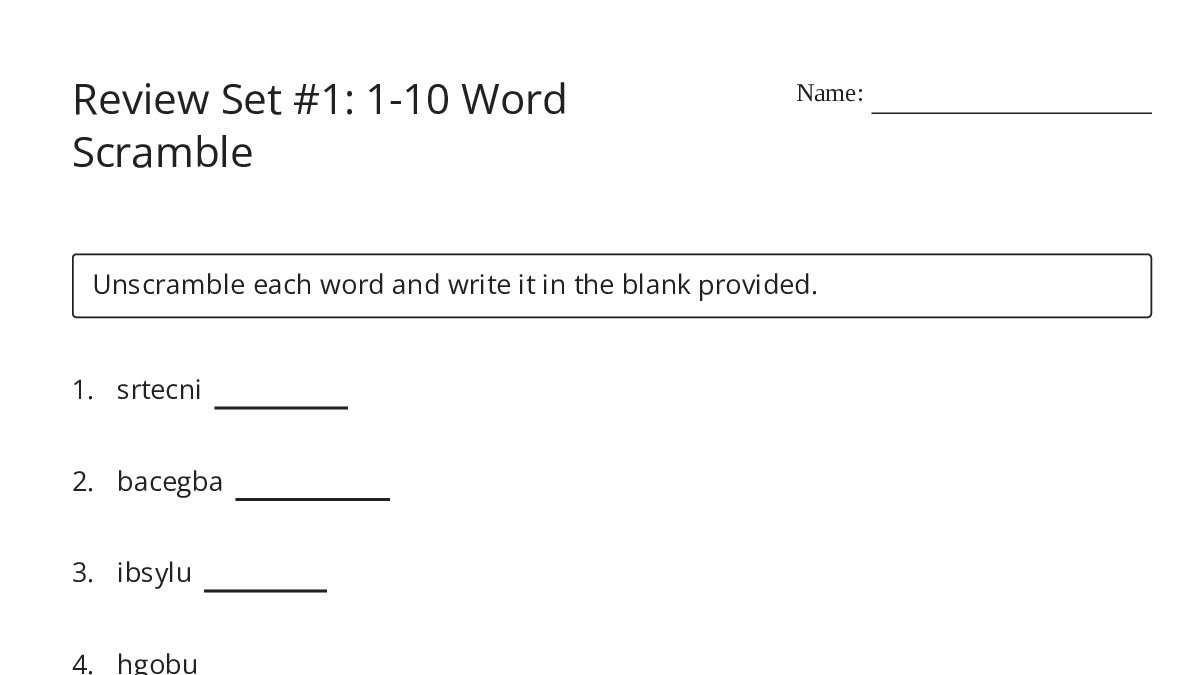 Review Set #1: 1-10 Word Scramble - My Worksheet Maker: Create Your Own ...