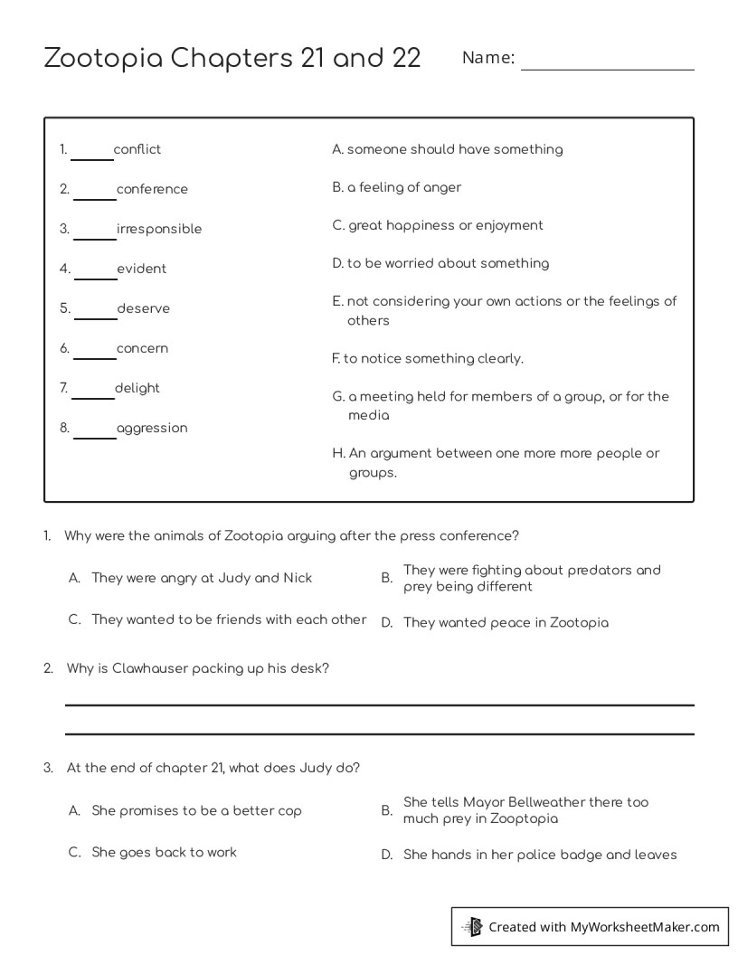 Zootopia Chapters 21 and 22 - My Worksheet Maker: Create Your Own ...