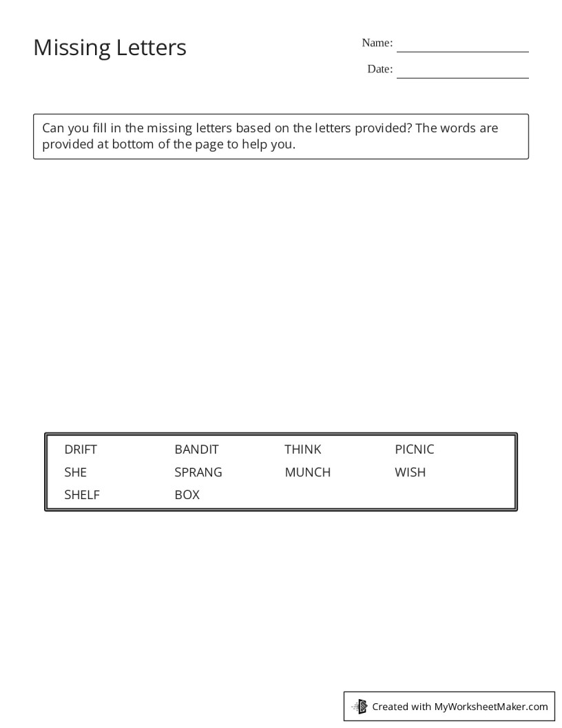Missing Letters - My Worksheet Maker: Create Your Own Worksheets