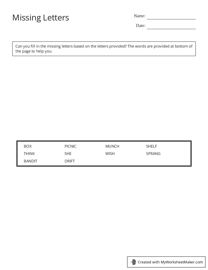 Missing Letters - My Worksheet Maker: Create Your Own Worksheets