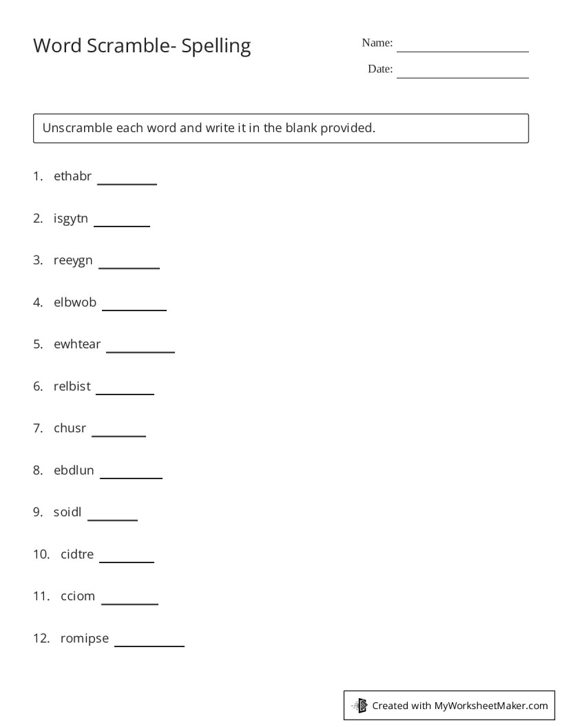 Word Scramble- Spelling - My Worksheet Maker: Create Your Own Worksheets