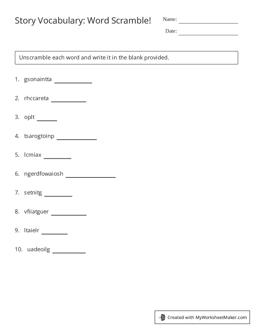 Story Vocabulary: Word Scramble! - My Worksheet Maker: Create Your Own ...