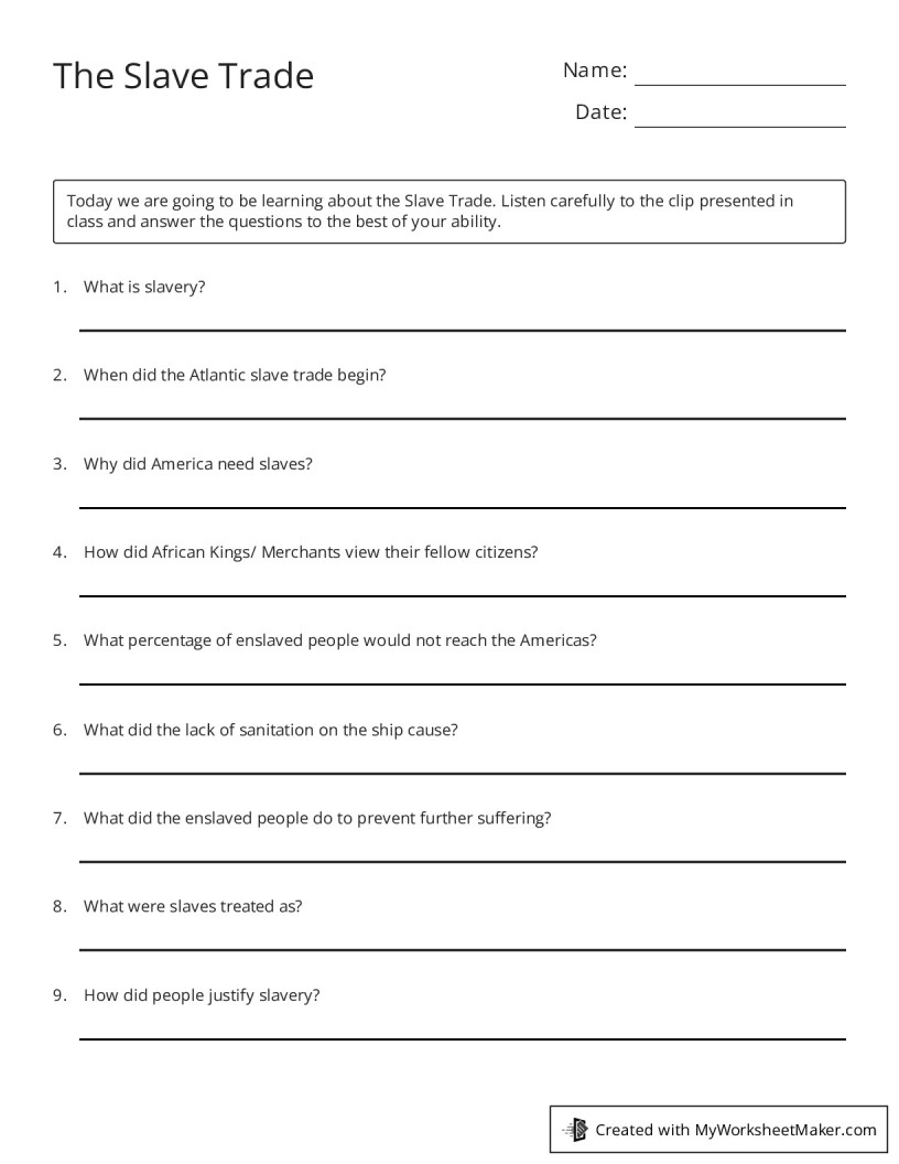 The Slave Trade - My Worksheet Maker: Create Your Own Worksheets