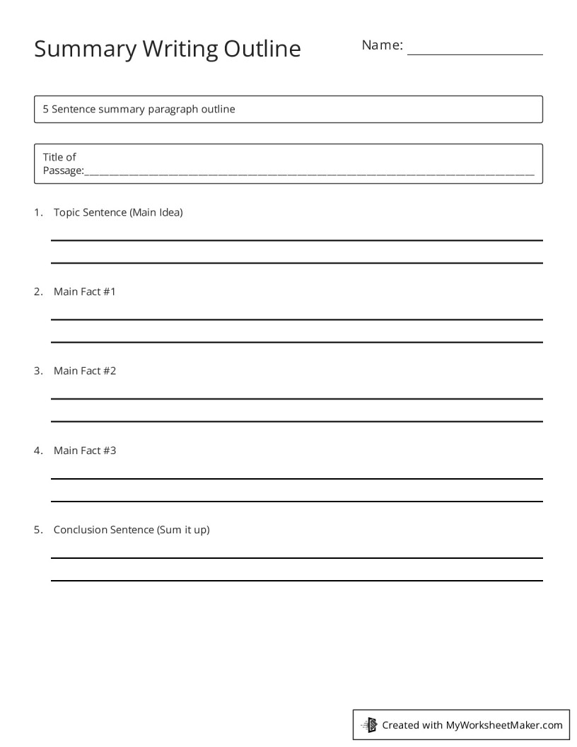 Summary Writing Outline - My Worksheet Maker: Create Your Own Worksheets