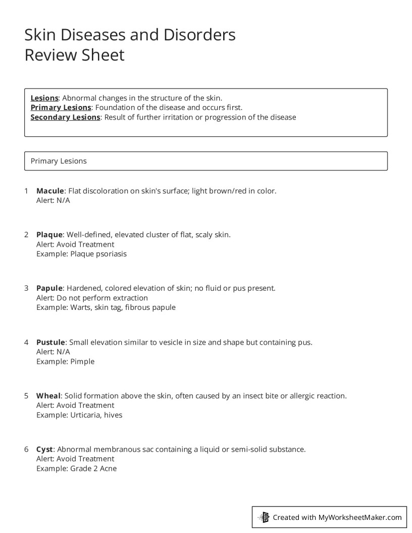 Skin Diseases and Disorders Review Sheet - My Worksheet Maker: Create ...