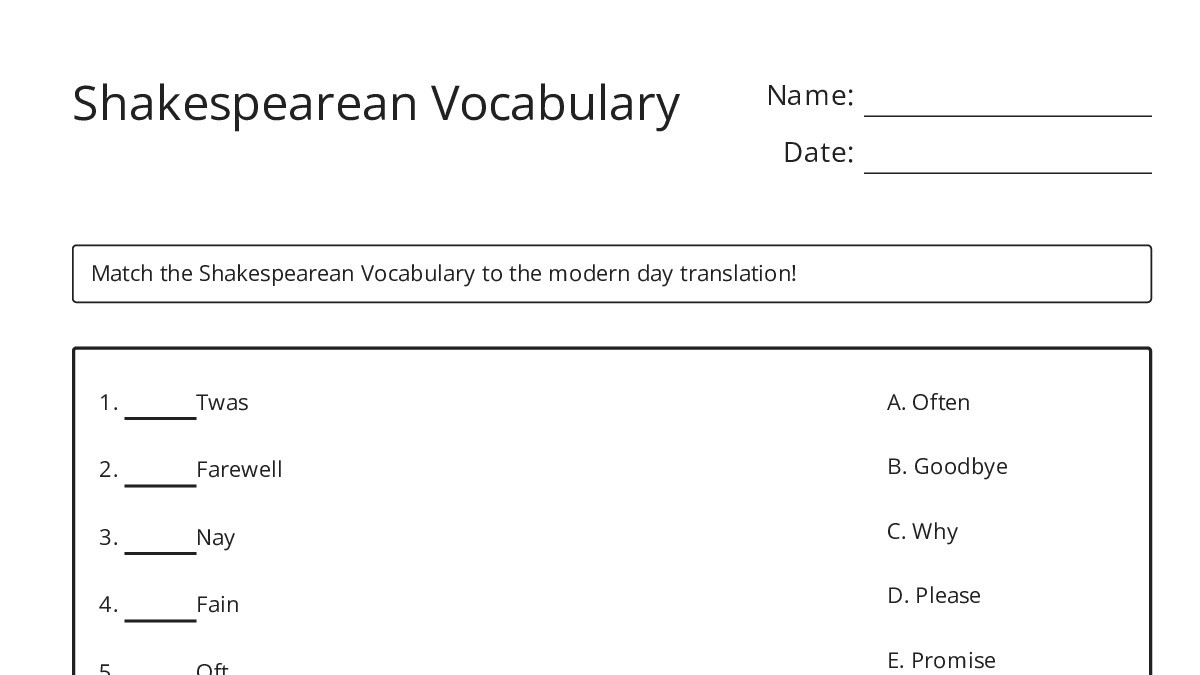 Shakespearean Vocabulary - My Worksheet Maker: Create Your Own Worksheets