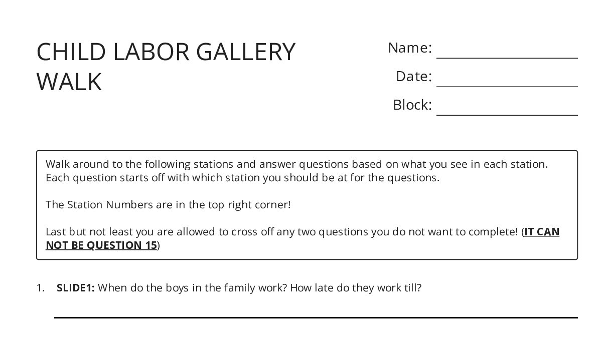 CHILD LABOR GALLERY WALK - My Worksheet Maker: Create Your Own Worksheets