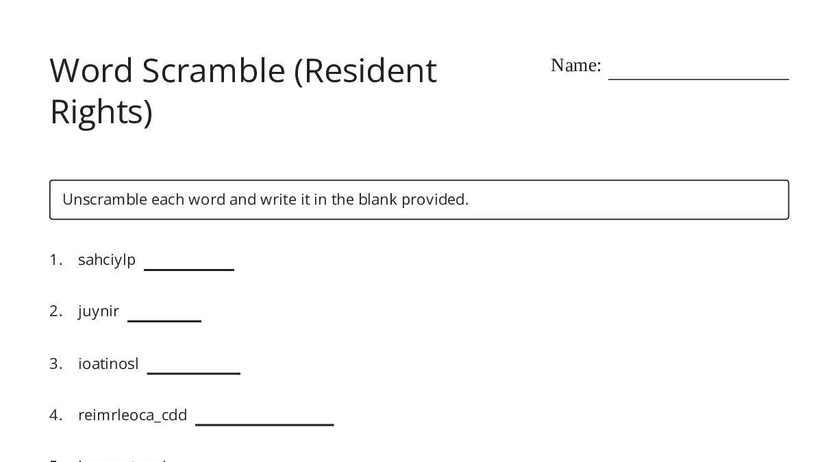 Word Scramble (Resident Rights) - My Worksheet Maker: Create Your Own ...