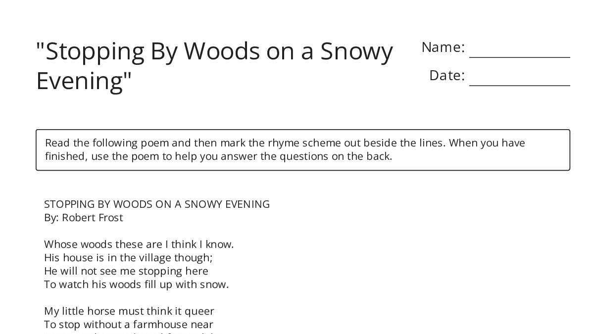"Stopping By Woods on a Snowy Evening" - My Worksheet Maker: Create ...