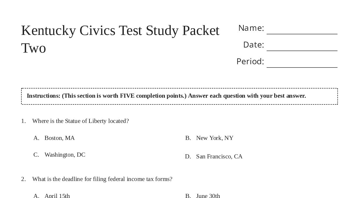 Kentucky Civics Test Study Packet Two - My Worksheet Maker: Create Your ...