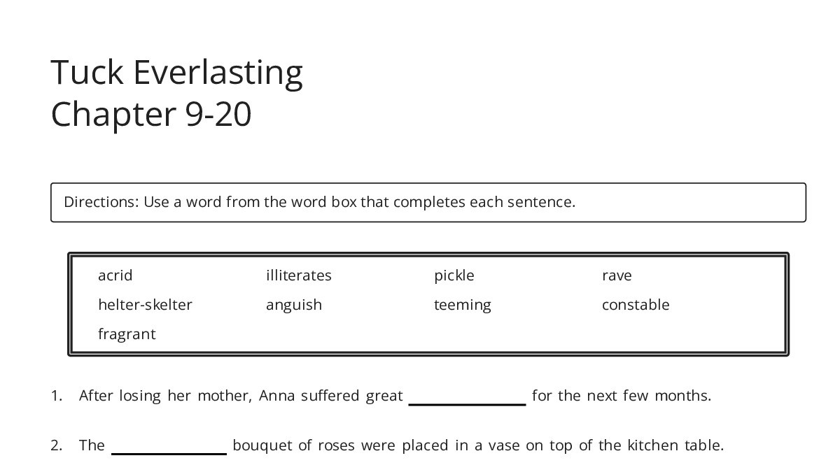 Tuck Everlasting Chapter 9-20 - My Worksheet Maker: Create Your Own ...