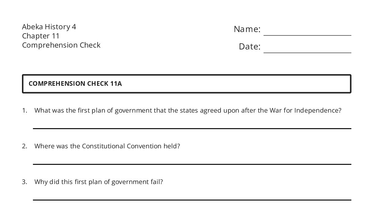 Abeka History 4 Chapter 11 Comprehension Check - My Worksheet Maker ...