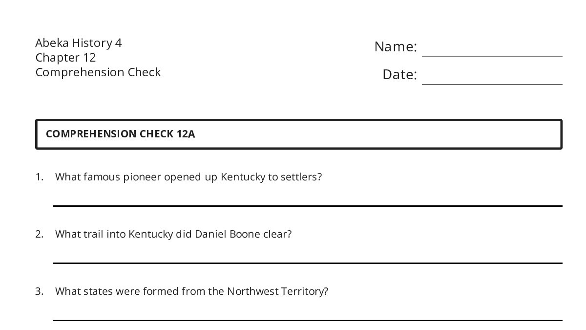 Abeka History 4 Chapter 12 Comprehension Check - My Worksheet Maker ...