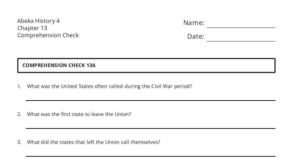 Abeka History 4 Chapter 13 Comprehension Check - My Worksheet Maker ...
