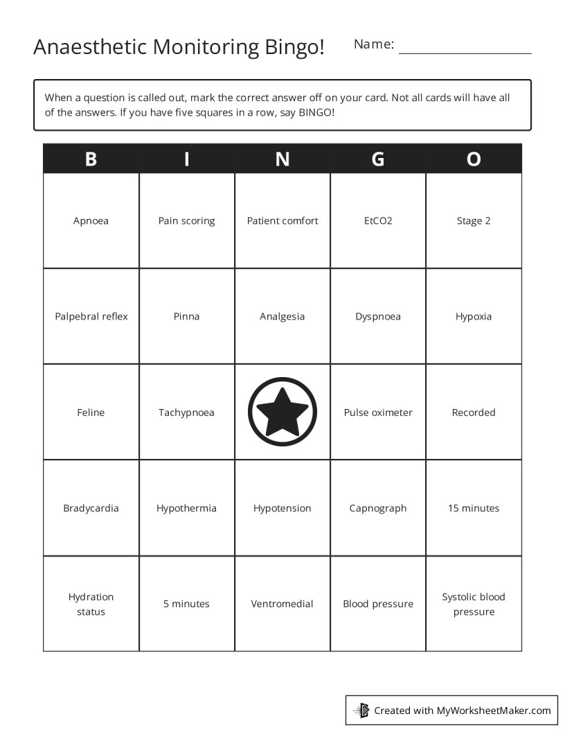 Anaesthetic Monitoring Bingo! - My Bingo Maker: Create Your Own Bingo Cards