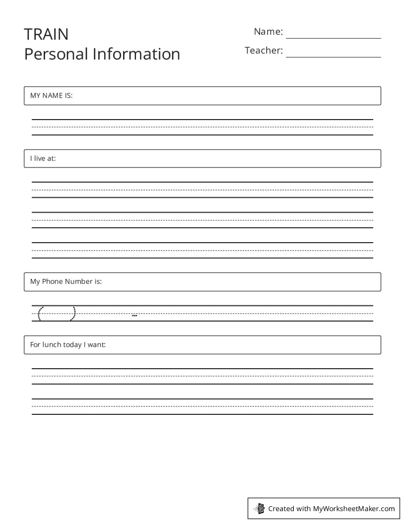 TRAIN Personal Information - My Worksheet Maker: Create Your Own Worksheets