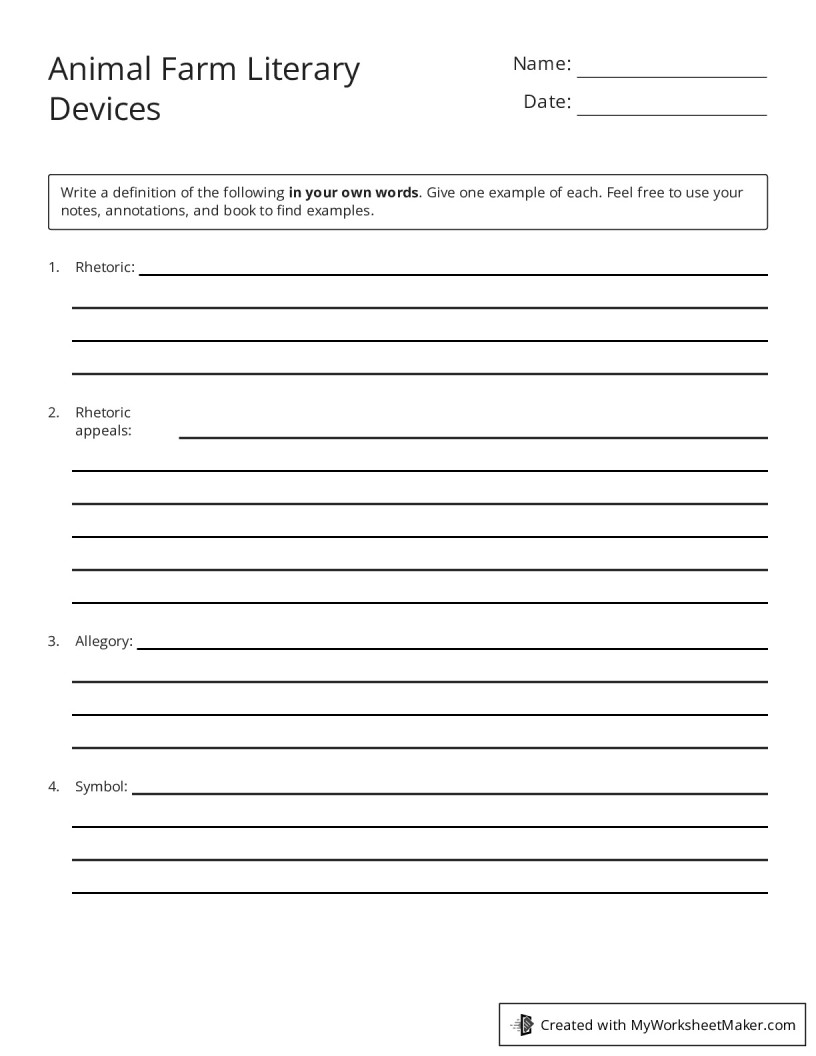 Animal Farm Literary Devices - My Worksheet Maker: Create Your Own ...