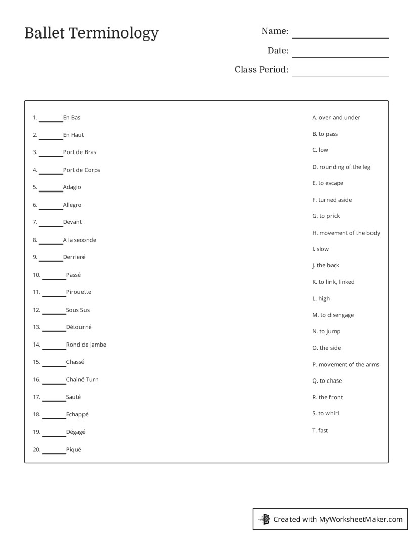 Ballet Terminology - My Worksheet Maker: Create Your Own Worksheets
