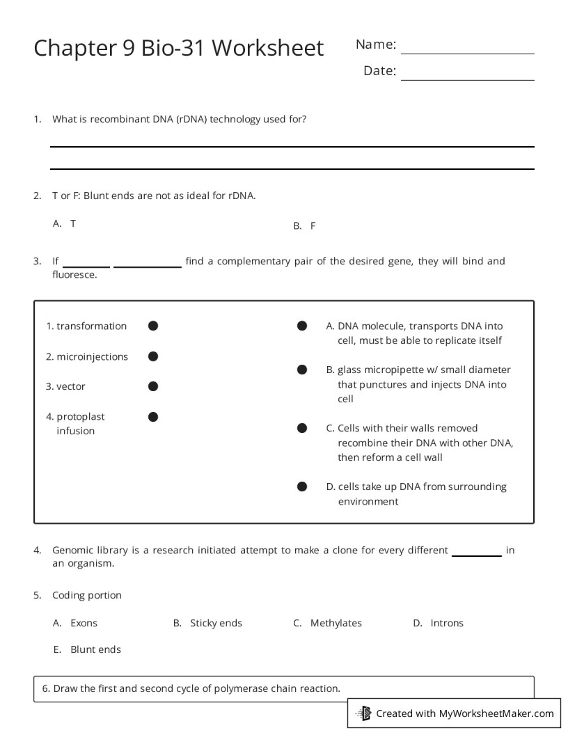 Chapter 9 Bio-31 Worksheet - My Worksheet Maker: Create Your Own Worksheets