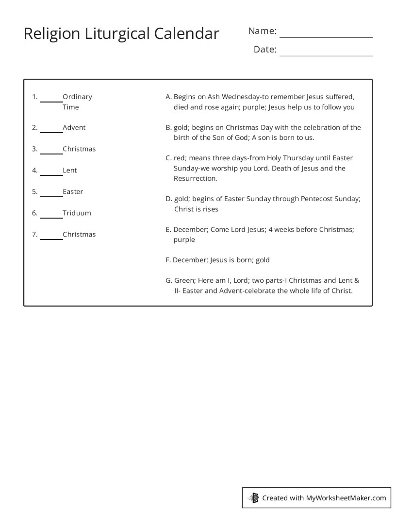 Religion Liturgical Calendar - My Worksheet Maker: Create Your Own ...