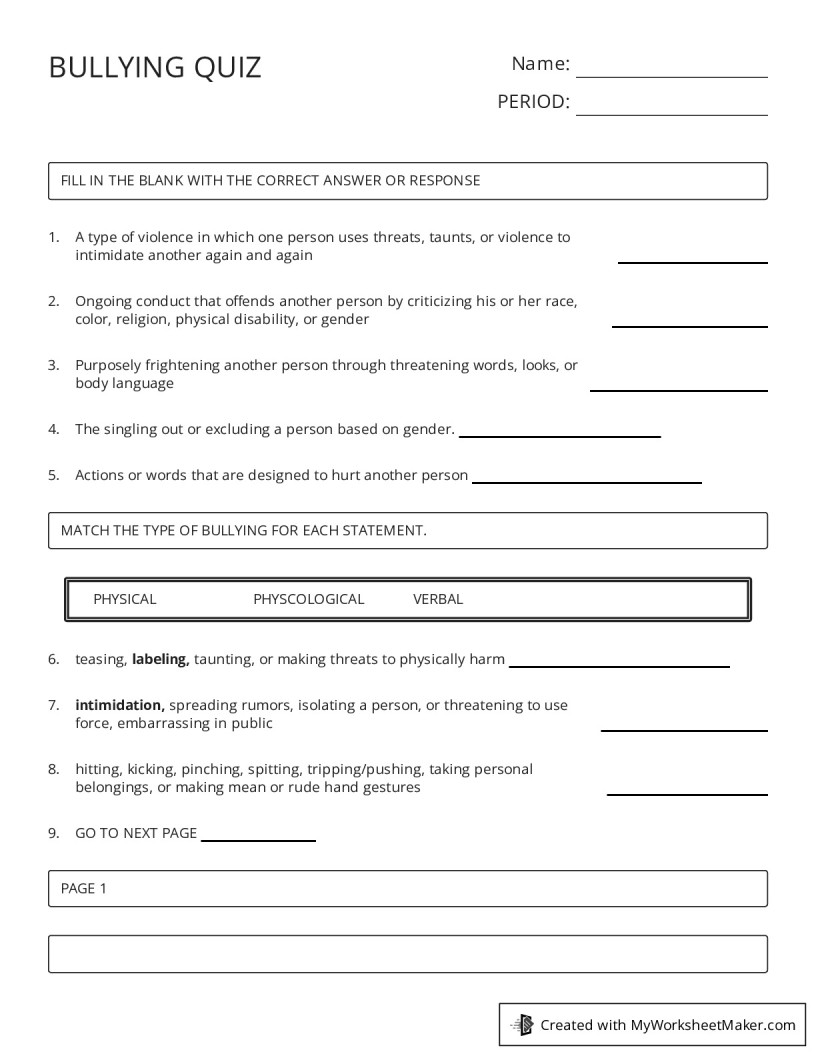 BULLYING QUIZ - My Worksheet Maker: Create Your Own Worksheets