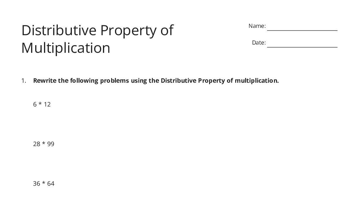 Distributive Property of Multiplication - My Worksheet Maker: Create ...