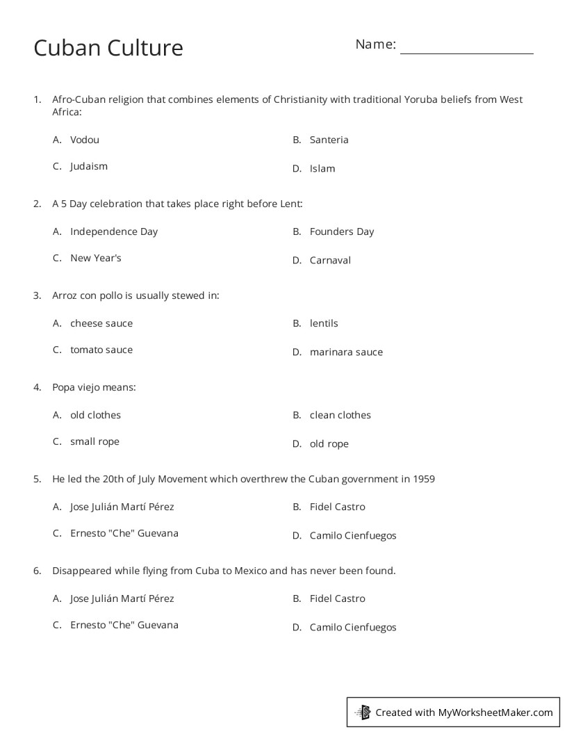 Cuban Culture - My Worksheet Maker: Create Your Own Worksheets