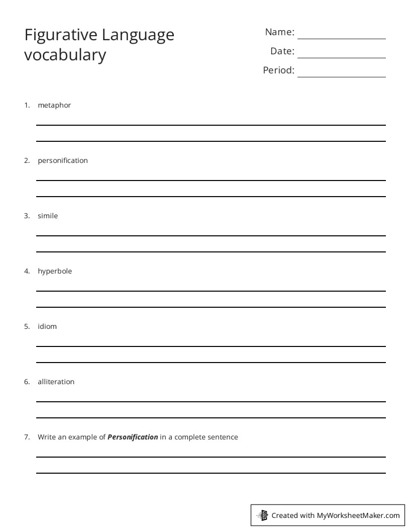 Figurative Language vocabulary - My Worksheet Maker: Create Your Own ...