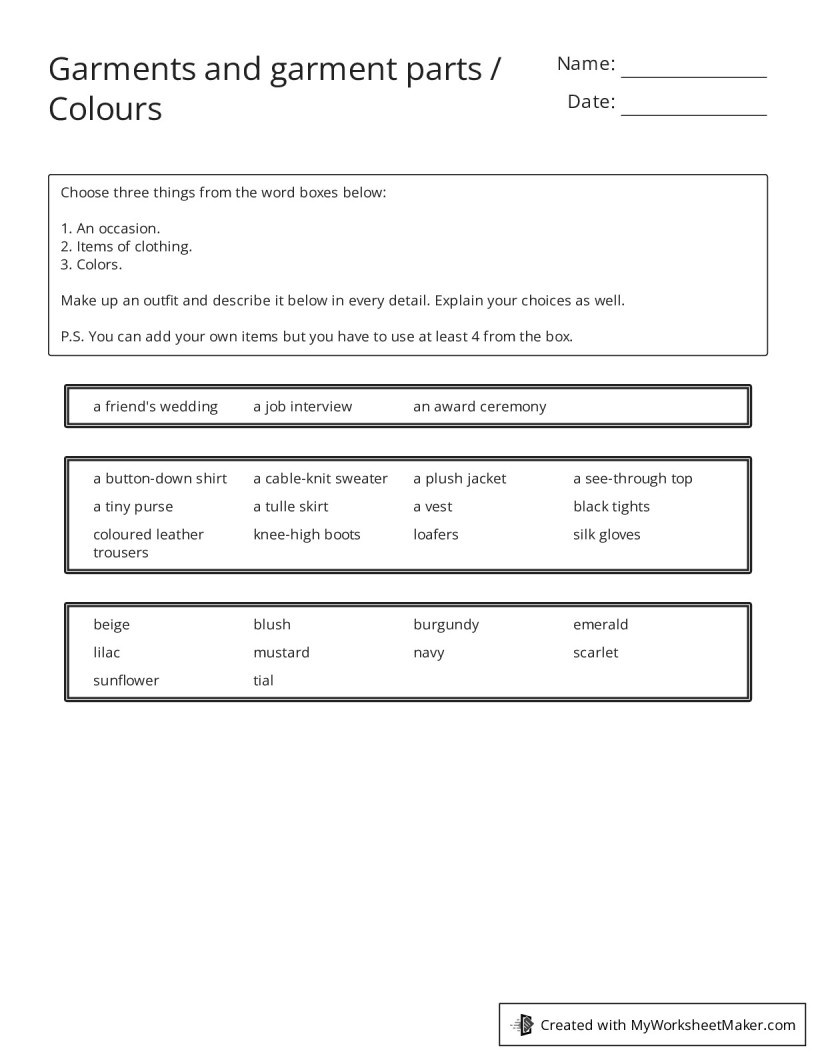 Garments and garment parts / Colours - My Worksheet Maker: Create Your ...