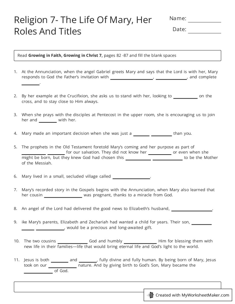 Religion 7- The Life Of Mary, Her Roles And Titles - My Worksheet Maker ...