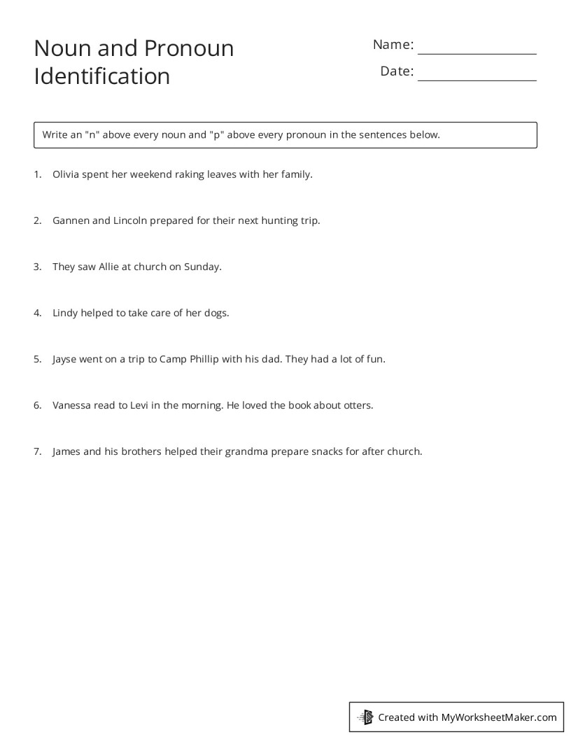 Noun and Pronoun Identification - My Worksheet Maker: Create Your Own ...