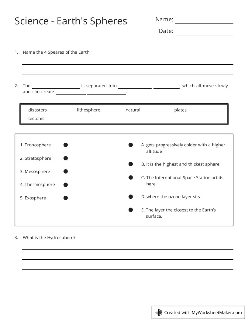 Science - Earth's Spheres - My Worksheet Maker: Create Your Own Worksheets