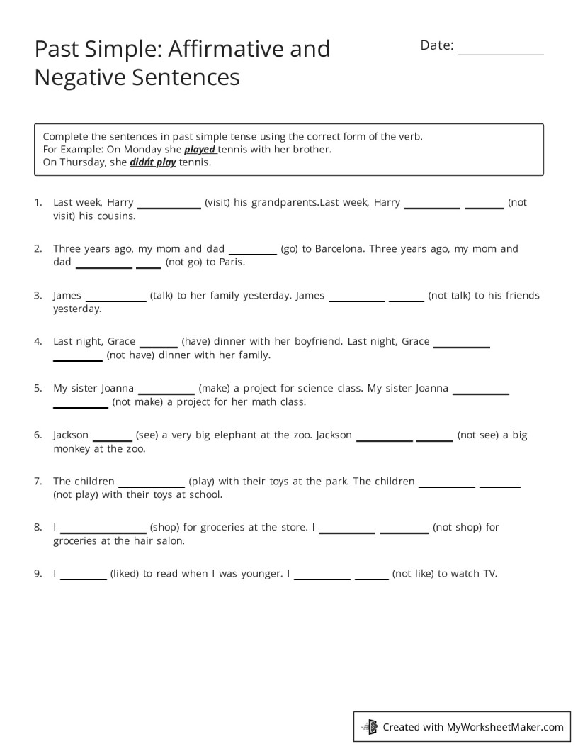 Past Simple: Affirmative and Negative Sentences - My Worksheet Maker ...
