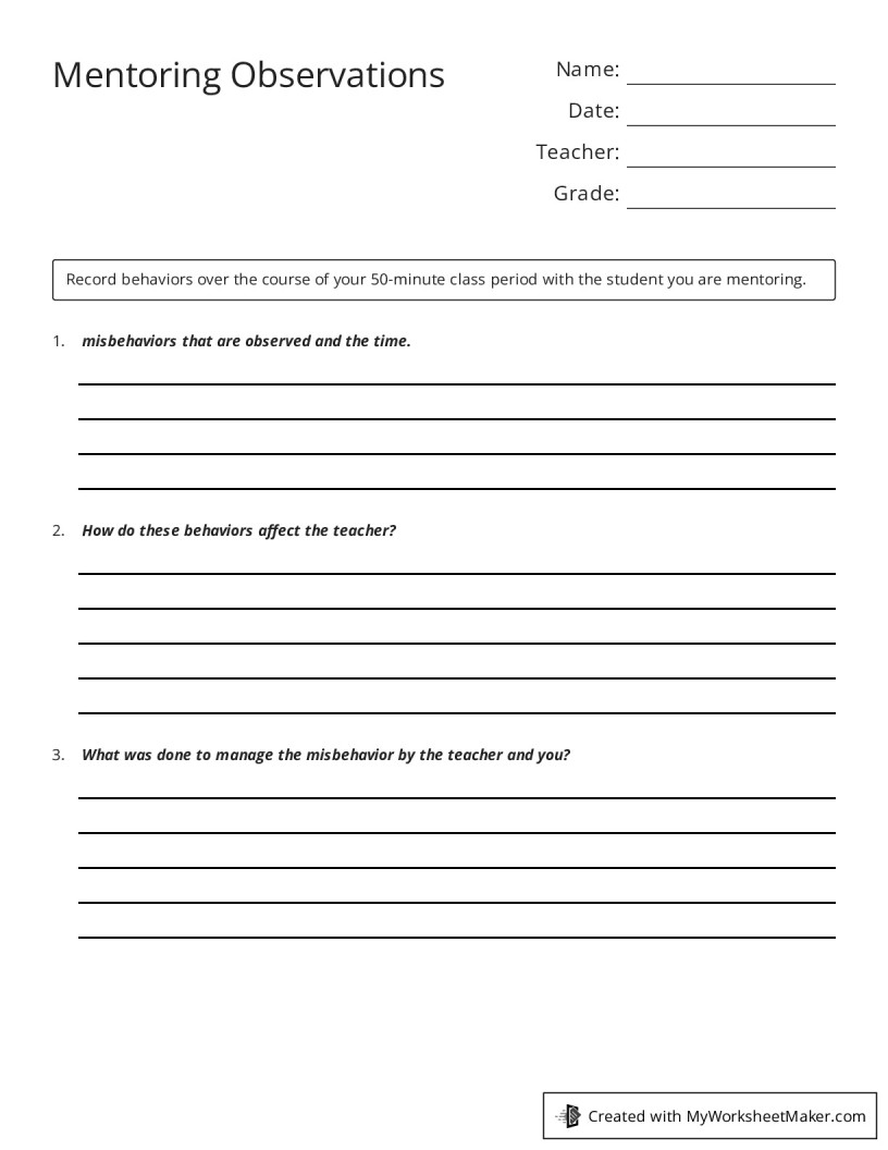 Mentoring Observations - My Worksheet Maker: Create Your Own Worksheets