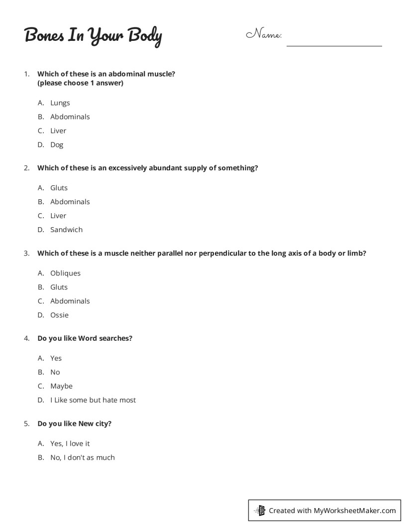 Bones In Your Body - My Worksheet Maker: Create Your Own Worksheets