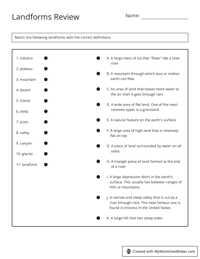Landforms Review - My Worksheet Maker: Create Your Own Worksheets