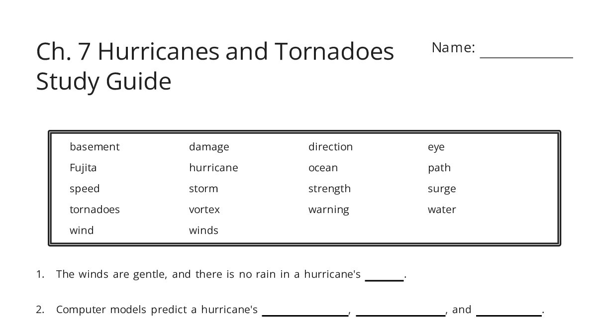 Ch. 7 Hurricanes and Tornadoes Study Guide - My Worksheet Maker: Create ...