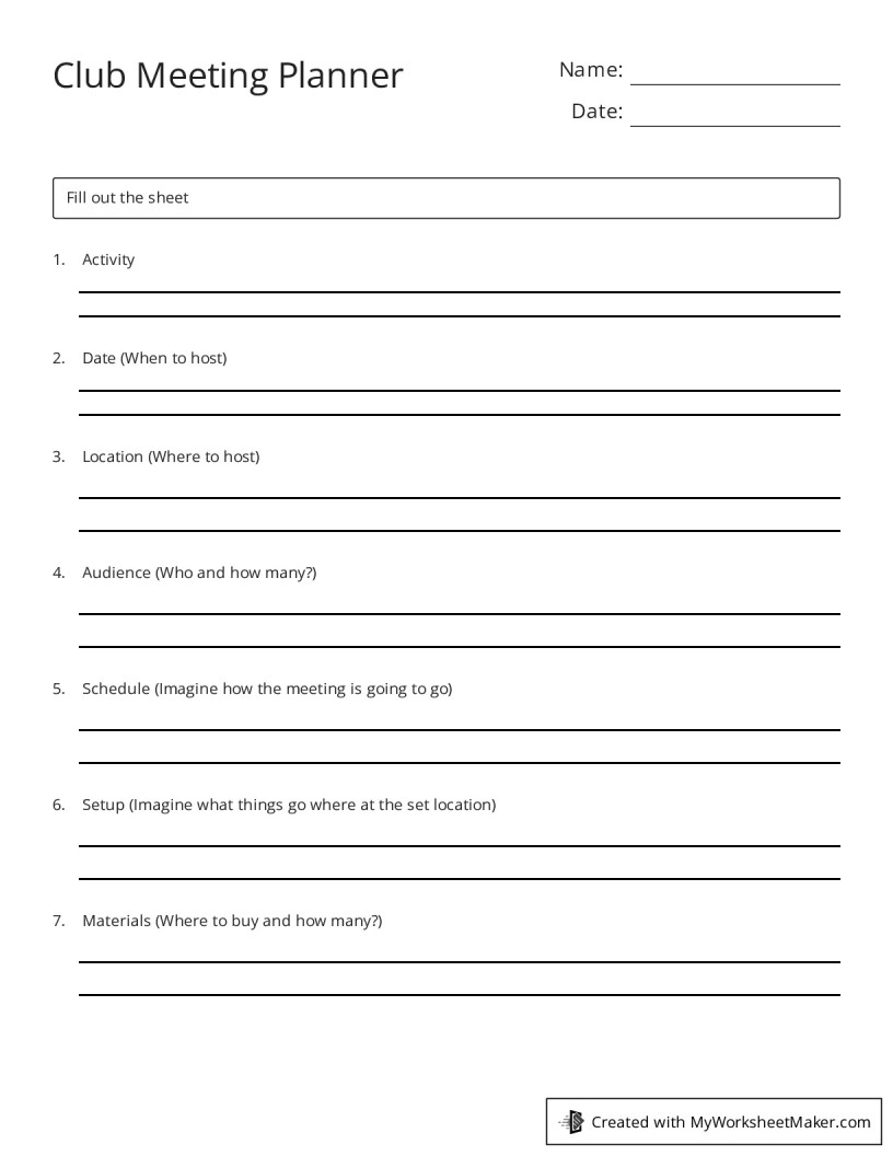 Club Meeting Planner - My Worksheet Maker: Create Your Own Worksheets