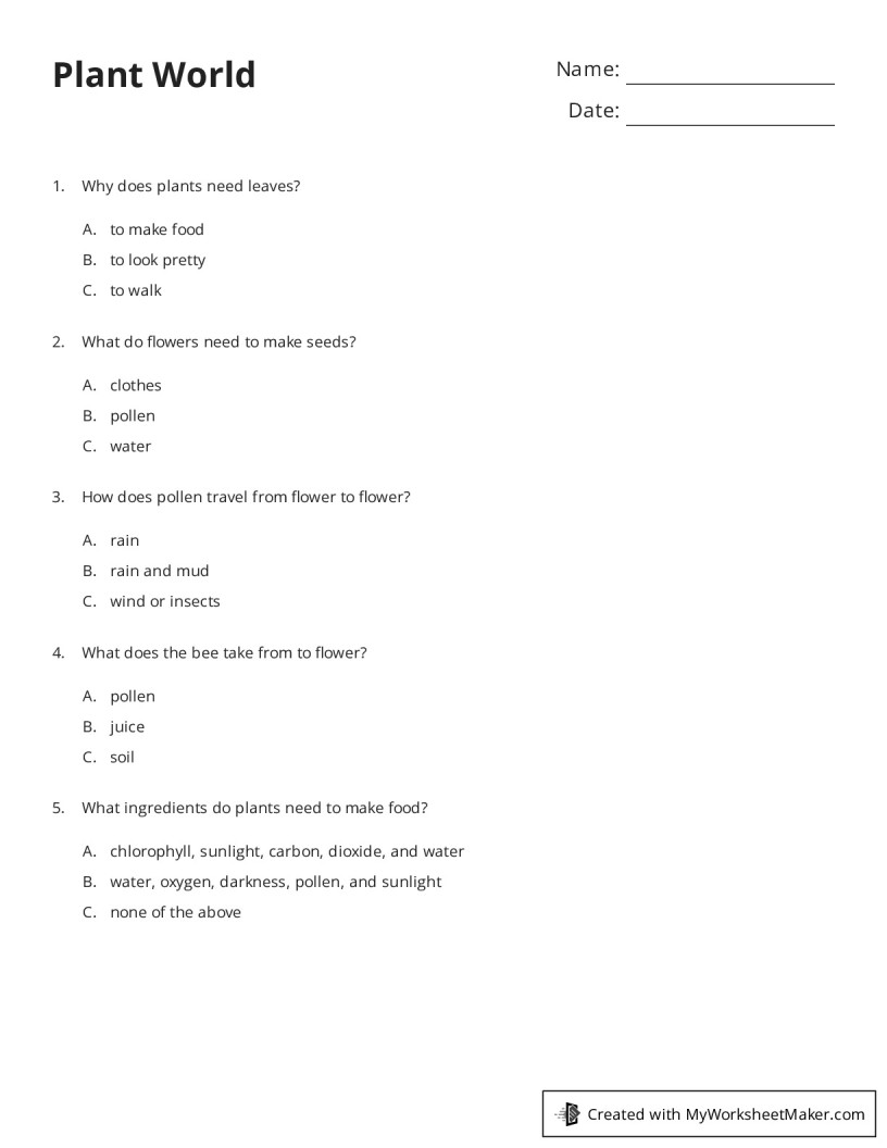 Plant World - My Worksheet Maker: Create Your Own Worksheets